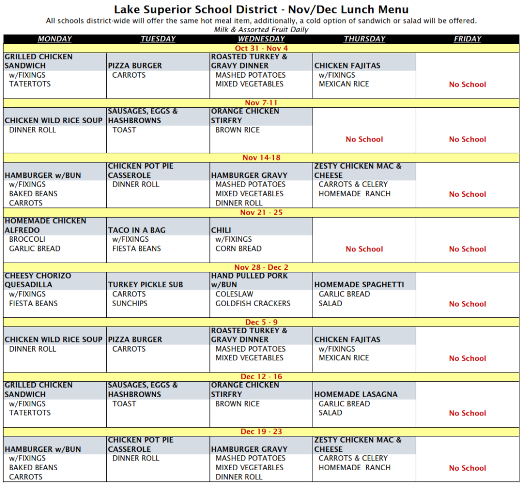 Food Service and Lunch Menus - Lake Superior School District