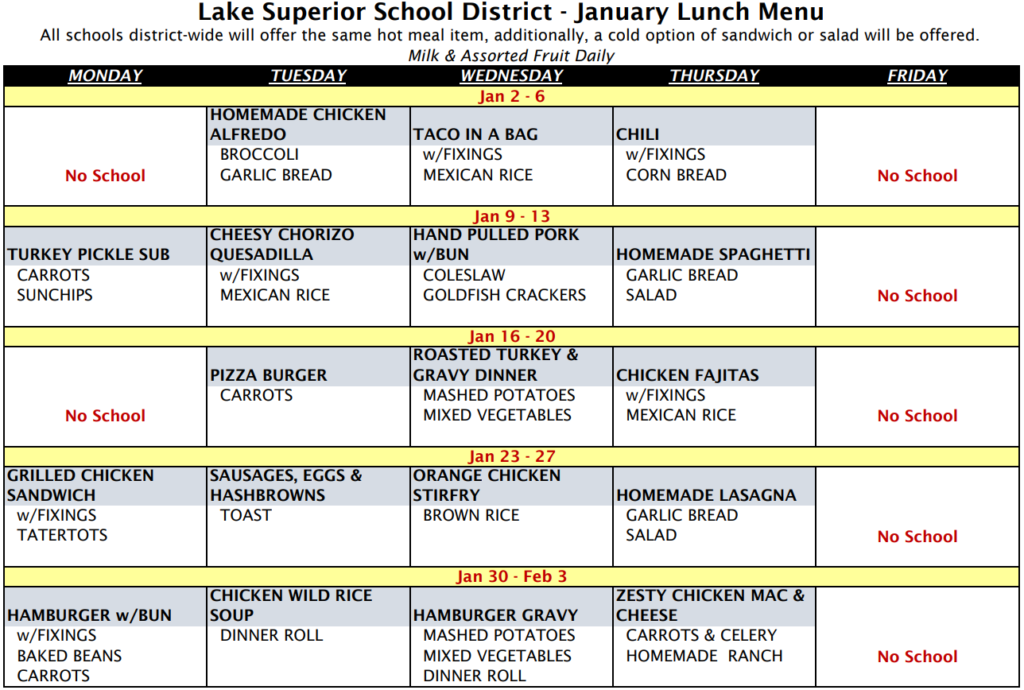Food Service and Lunch Menus - Lake Superior School District