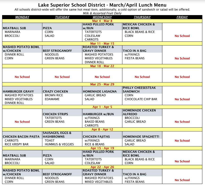 Food Service and Lunch Menus - Lake Superior School District