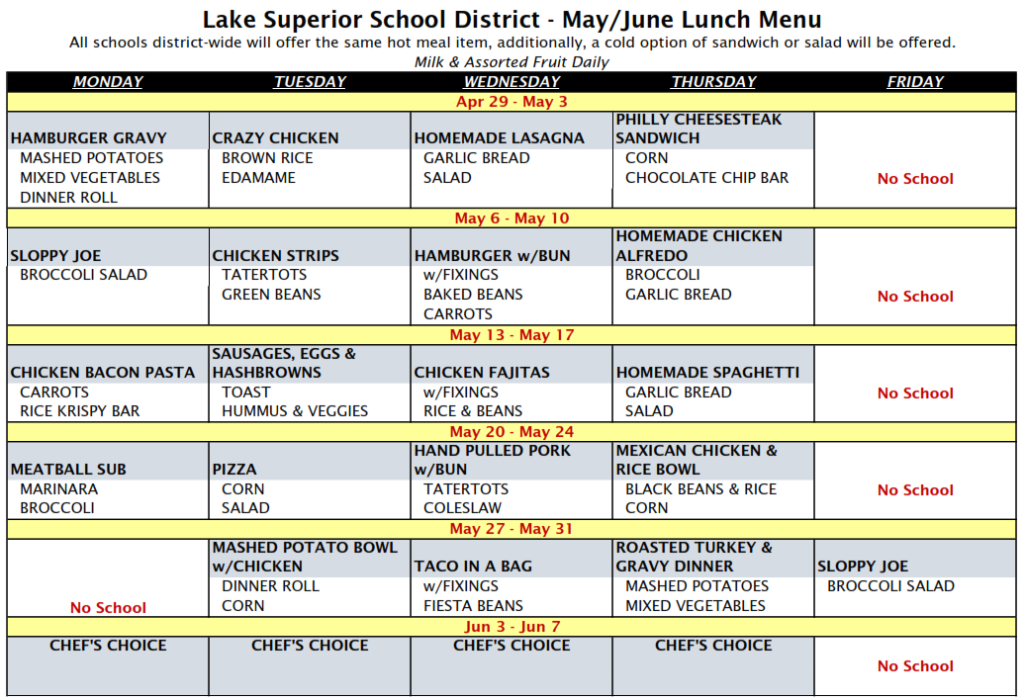 Food Service and Lunch Menus - Lake Superior School District